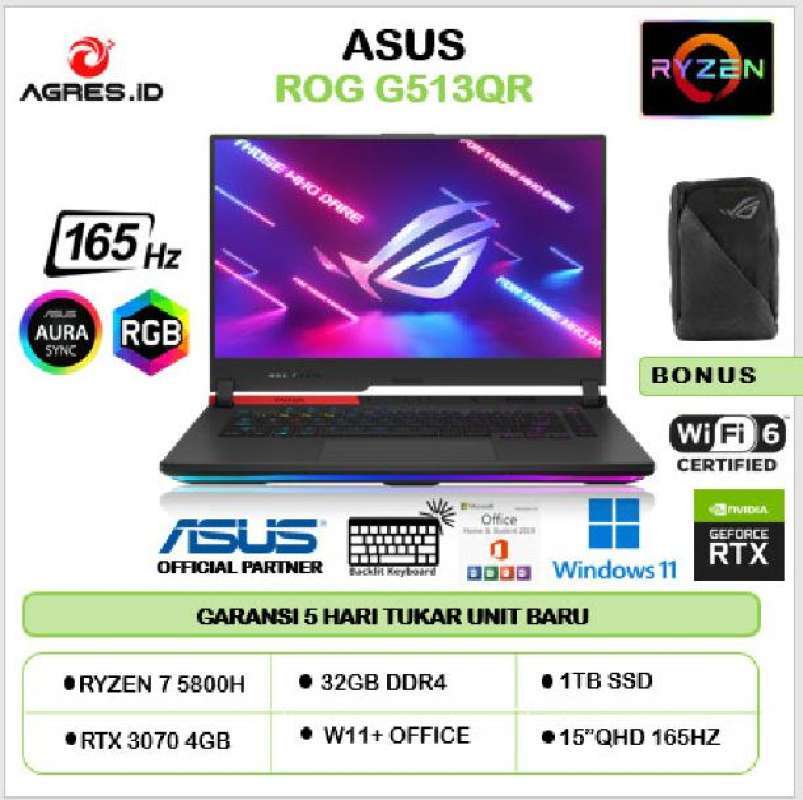 Jual Laptop ASUS ROG G513QR RTX 3070 Ryzen 7 5800H 32GB RAM - BUNDLING ...