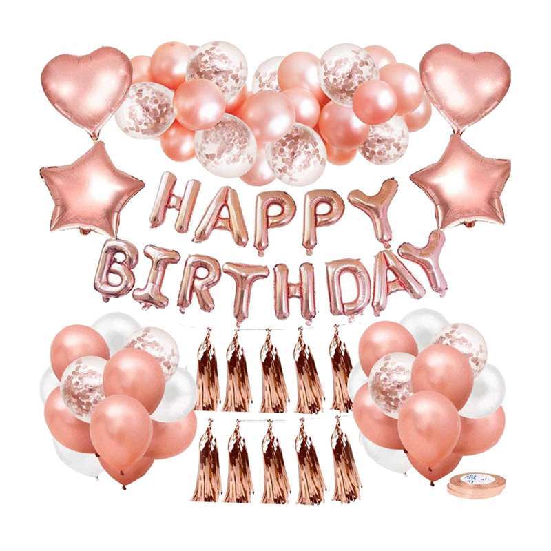 Jual Rose Gold Balloons Paillette Streamer Happy Birthday Decorations ...