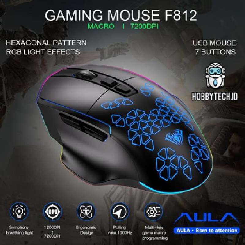 Jual Aula Mouse Gaming F-812 Hexagonal StyleMacro RGB Effect - 7200DPI ...