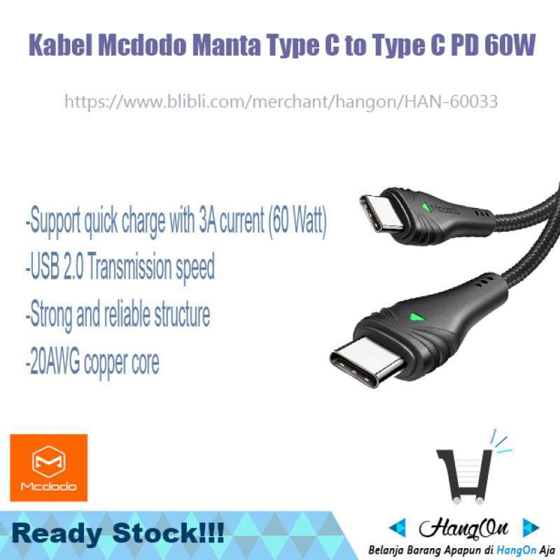 Jual Kabel Mcdodo Manta Type C to Type C PD Power Delivery FastCharging 60W di Seller HangOn ...