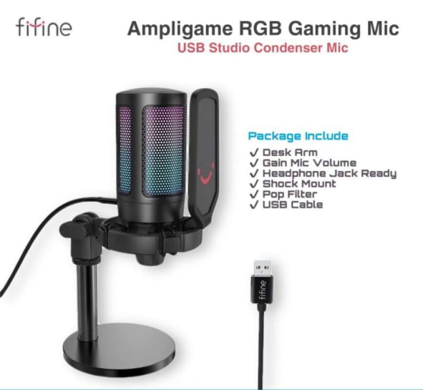 Promo Mic Fifine A6 Ampligame USB Condenser Gaming Microphone Game RGB ...