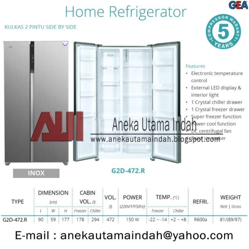Promo Gea G2D-472 Kulkas Side By Side Kulkas 2 Pintu Menyamping Rumah ...