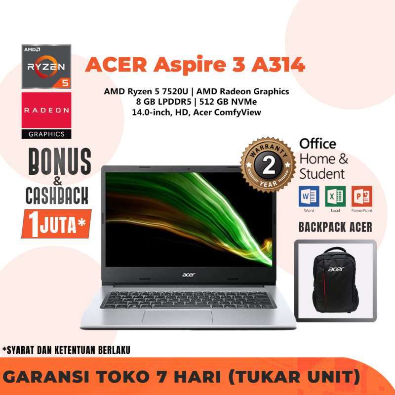 Promo ACER Aspire 3 A314 23M Ryzen 5 7520U RAM 8GB 512GB SSD 14 Windows 11 OHS - Silver Diskon ...
