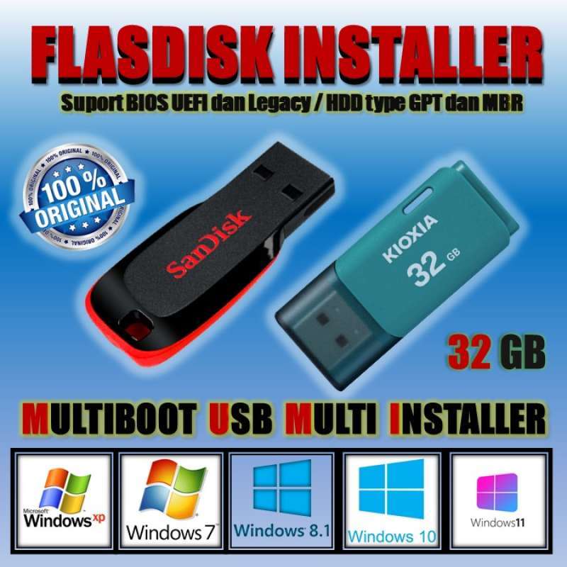 Jual Flashdisk Multiboot Installer Windows 7 + Windows 8.1 + Windows 10 + Windows 11 non TPM 32 ...