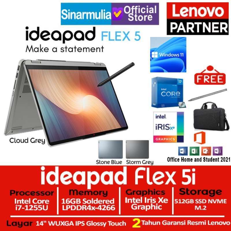 Promo Laptop Lenovo Ideapad Flex 5i i7-1255U 512GB SSD 16GB Iris Xe ...