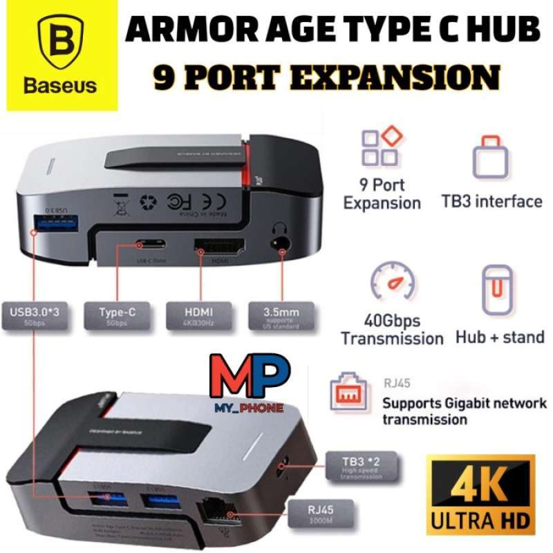 Jual Baseus Armor Age Dual Type C Hub 9 In 1 RJ45 HDMI USB Jack 3.5mm ...
