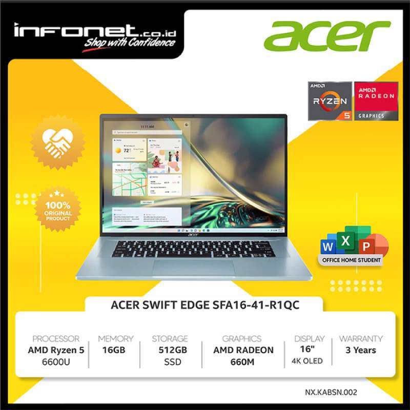 Jual Acer Swift Edge Sfa16-41 Ryzen 5 6600u 16gb 512gb 16 4k W11 Ohs21 ...