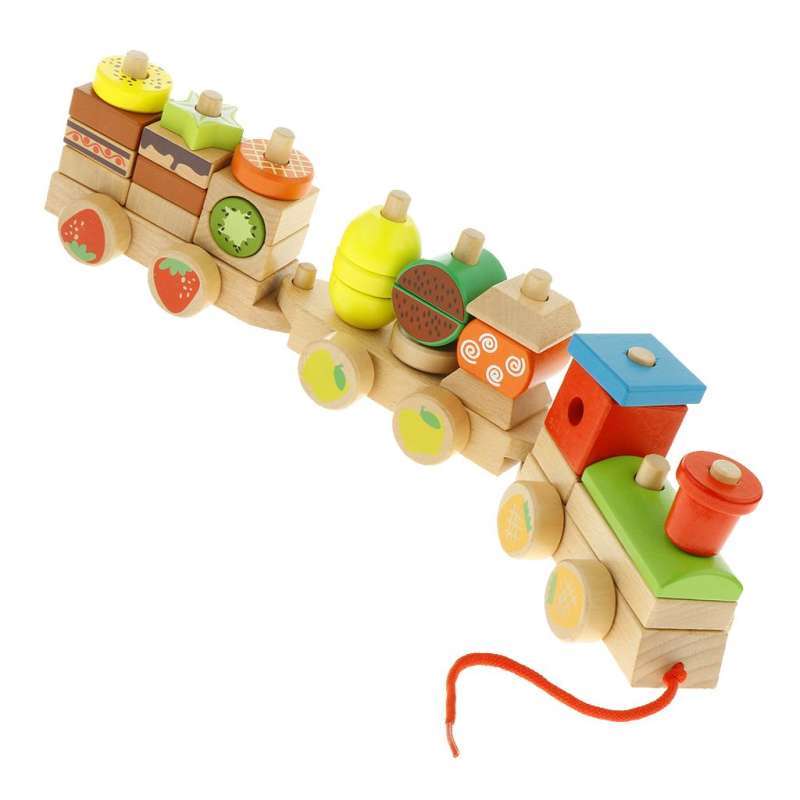 Jual Wood Stacking Train Push Pull Toy Geometric Shape Stacker Set ...