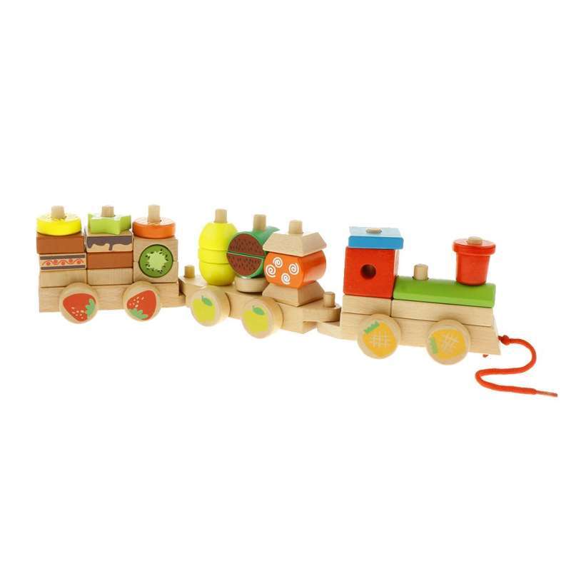 Jual Wood Stacking Train Push Pull Toy Geometric Shape Stacker Set ...