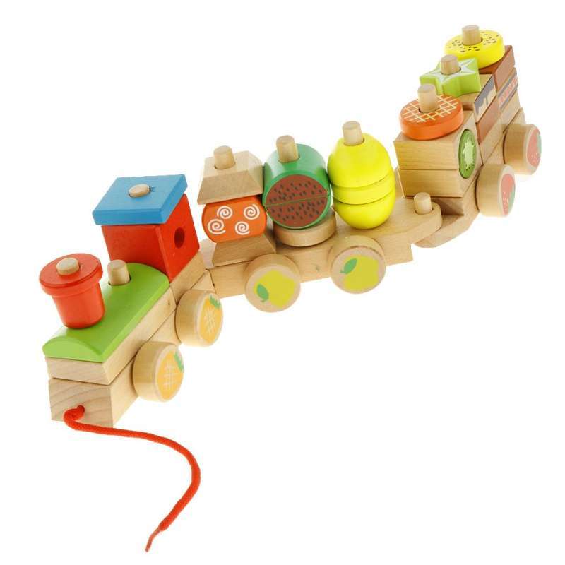 Jual Wood Stacking Train Push Pull Toy Geometric Shape Stacker Set ...