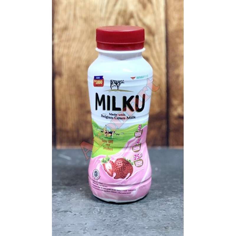Jual MILKU Susu UHT Rasa Stroberi Strawberry Kemasan Botol [200 mL x 12 ...