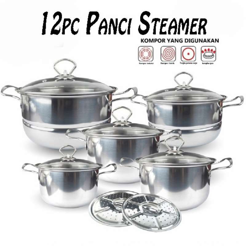 Promo Panci set Stainless TEBAL Steamer 12pcs dengan kukusan INDUKSI ...
