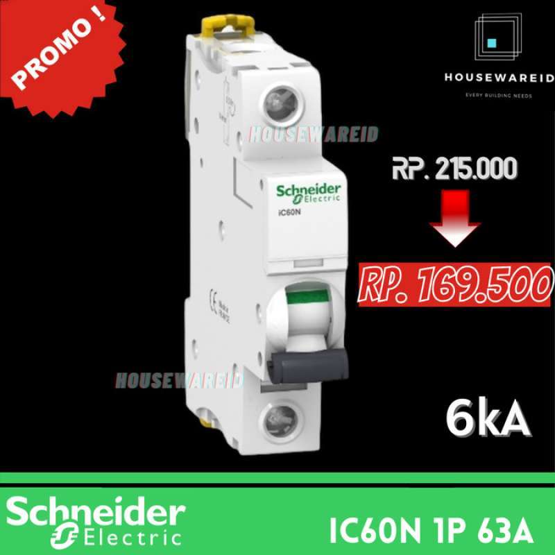 Promo MCB Schneider Acti9 iC60N 1 Phase 63 Ampere Original SNI, 1p 63a 1pole Diskon 23% di ...