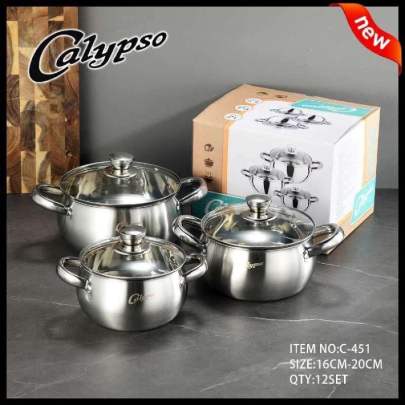 Jual Panci Set Stainless 3 set Calypso Tutup Kaca 3 Ukuran di Seller ...