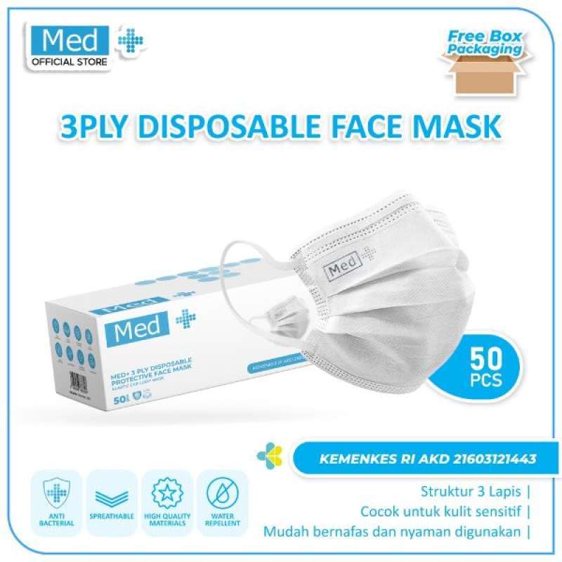 Promo Med+ Masker 3Ply Putih 50 Pcs / Masker 3Ply Kemenkes Disposable ...