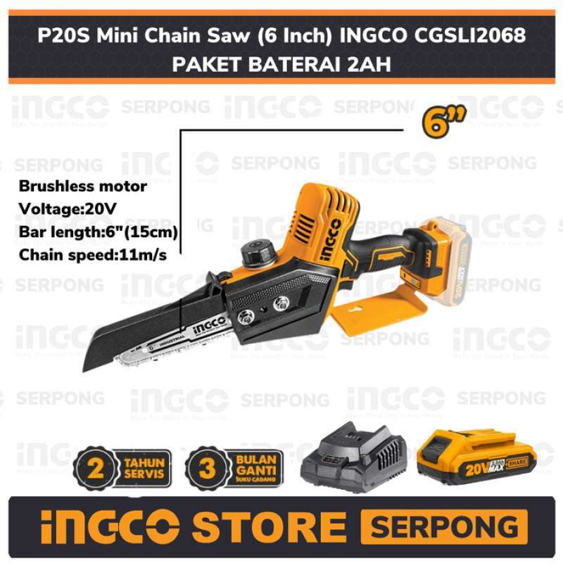 Promo Mini Chain Saw (6 Inch) INGCO 20V CGSLI2068-BC2A Gergaji Listrik ...