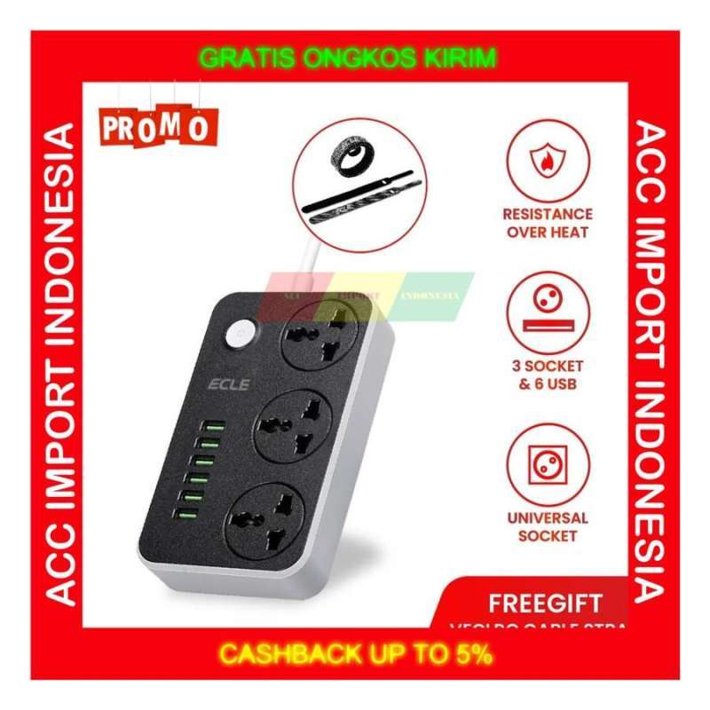 Jual Stop Kontak Power Strip Ecle 3 Socket 6 Port USB 2M 2500W Global AC di Seller ACC IMPORT ...