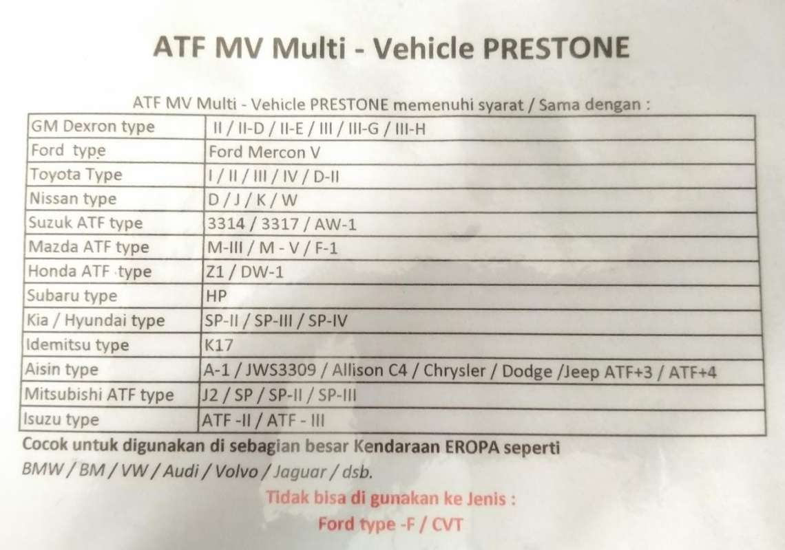 Promo Prestone ATF Multi Vehicle Synthetic Oli Transmisi Matic Toyota Fortuner Bensin Diesel ATF ...