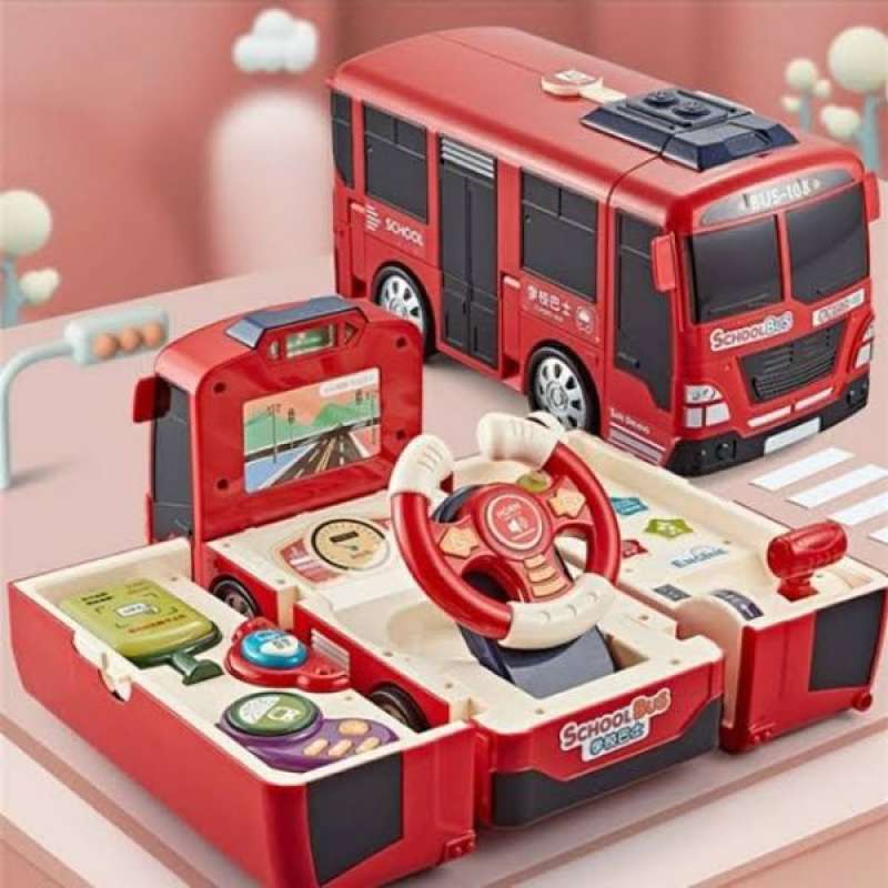 Jual Flint Multi Function School Bus Steering Toys Transformation Bus ...