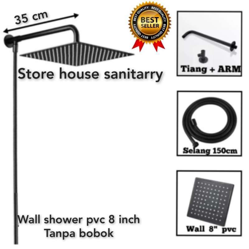 Promo wall shower 8 pvc hitam/head shower instalasi luar/wall shower ...
