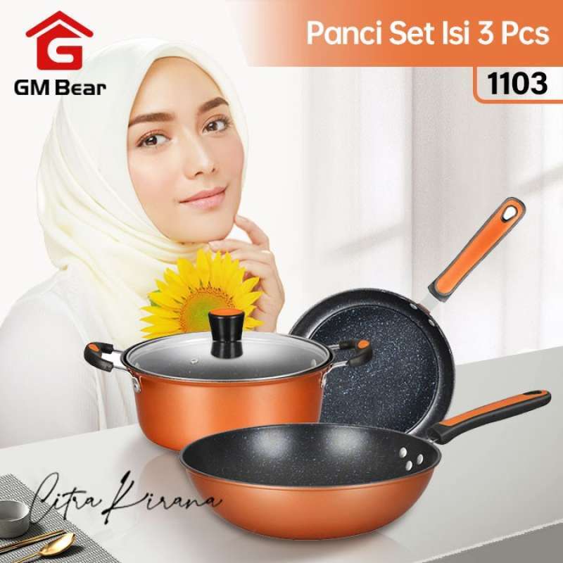 Jual Gm Bear Set Panci Teflon Marble Coating 1103-panci Set Isi 3pcs Di Seller Kumikaze Store ...