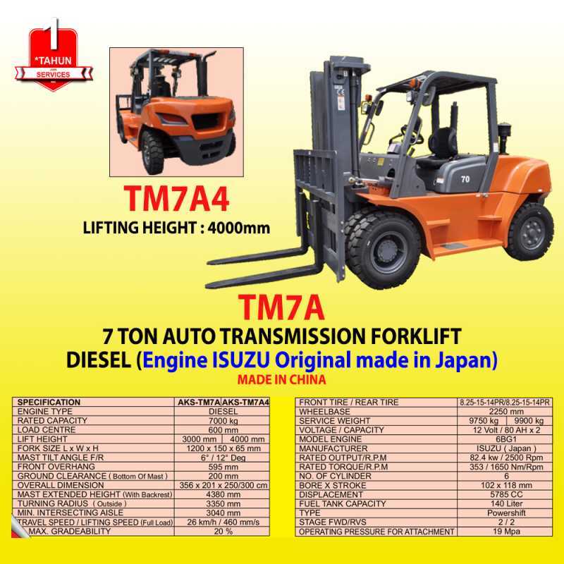 Jual Forklift 7 Ton 3 M Auto Transmission Diesel Engine Isuzu 82.4 Kw ...