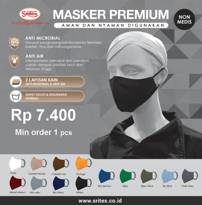 Jual MASKER PREMIUM WARNA SRITEX KAIN 2 PLY ANTI MICROBIAL & ANTI AIR ...