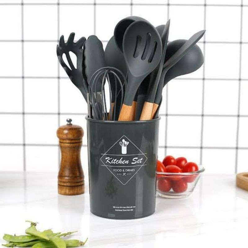 Jual kitchen set sutil tidak lubang spatula silicone handle kayu ...
