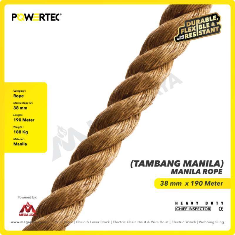 Jual Tali Tambang Manila Rope 38 Mm X 190 M X 188 Kg Powertec Tampar ...