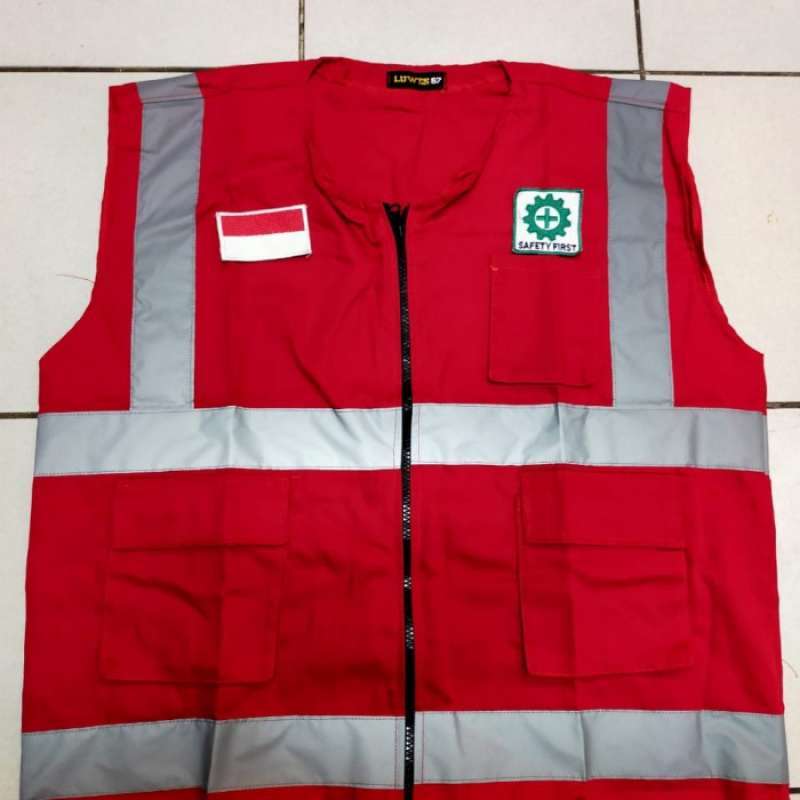 Jual Rompi Safety merah-Rompi kerja proyek + logo k3 dan bendera di ...