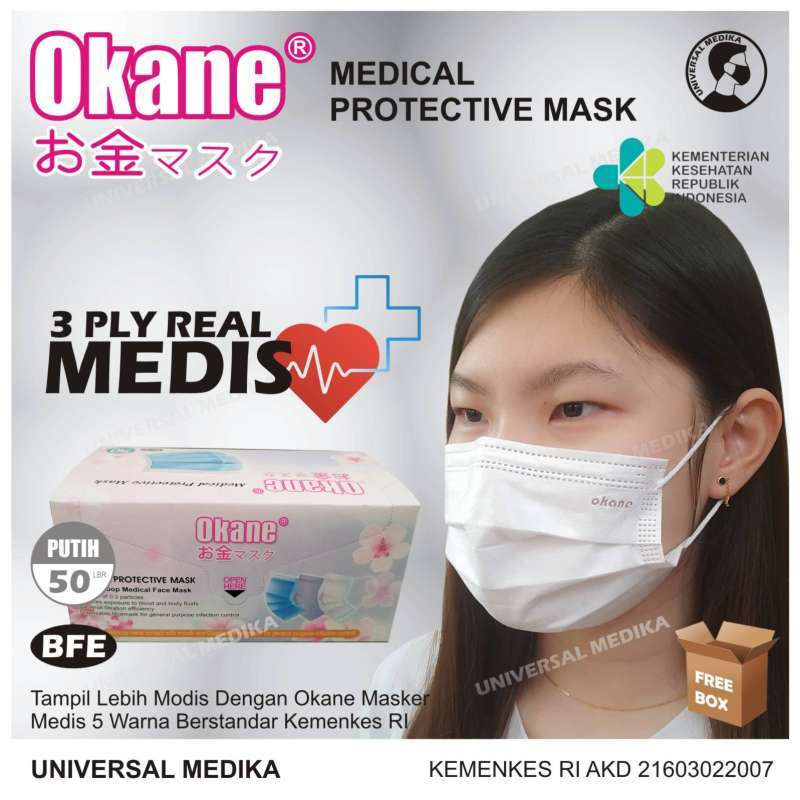 Jual Masker Medis 3 Ply Okane Medical Protective Mask Earloop Putih 50 ...