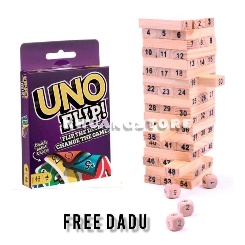 Jual Paket Uno Stacko Kayu Angka Besar + Kartu Uno Flip + Free Dadu Di ...