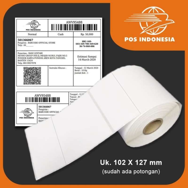 Jual ROLL LABEL STICKER BARCODE RESI PENGIRIMAN EKSPEDISI UKURAN 102X127 MM di Seller CODESHOP ...