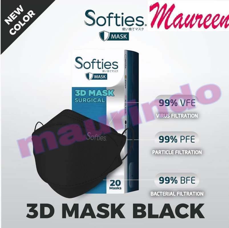 Jual MASKER BEDAH SOFTIES SURGICAL 3D BLACK HITAM MASK 4 PLY KF94 1 BOX ...