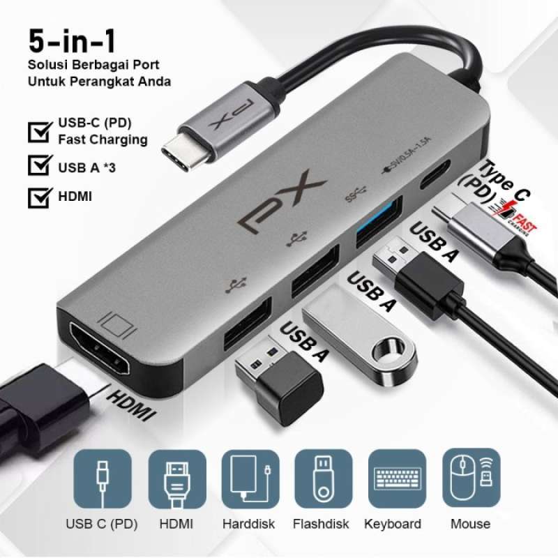 Jual Converter Adapter Hub Type C to HDMI Multiport 5in1 Usb 3.0 PX UCH-05 di Seller Cullen ...