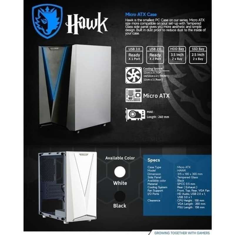 Jual Pc Case Sades Hawk Black / White Micro Atx | Casing Cpu Komputer ...