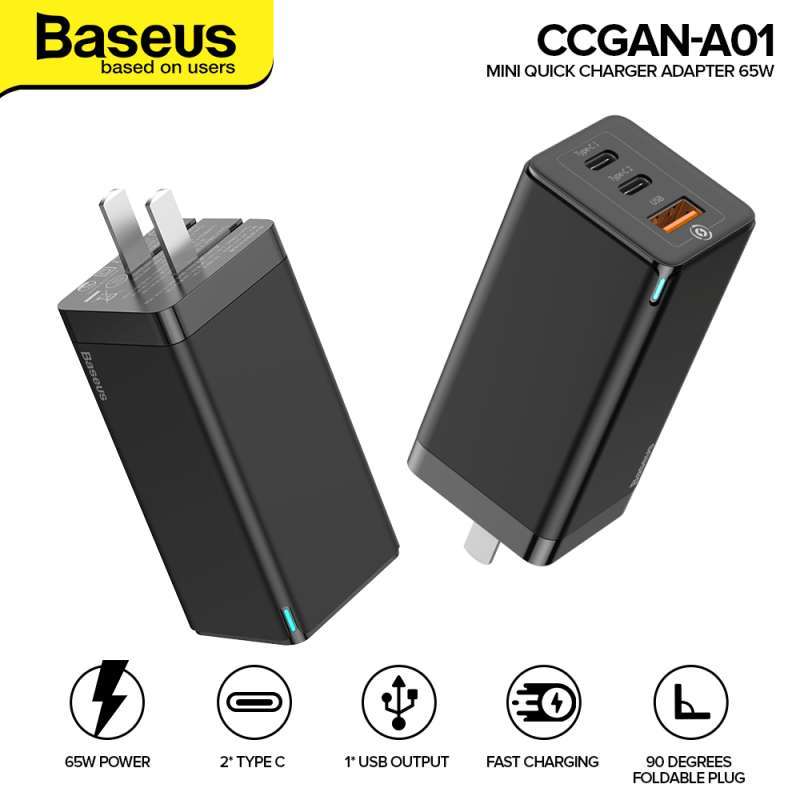 Promo Baseus Adaptor Mini GAN 65W [US PIN] 3 Port TYPE C + USB Adapter ...
