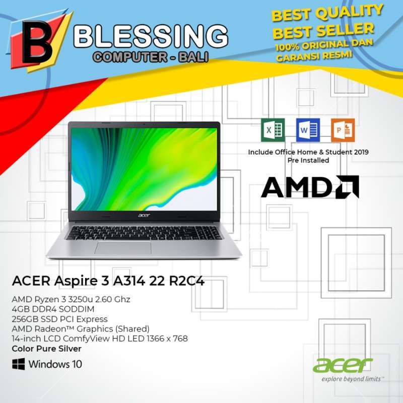 Jual Acer Aspire 3 A314 22 R2c4 Amd R3 3250u 4gb 256gb W10 + Office Hs ...