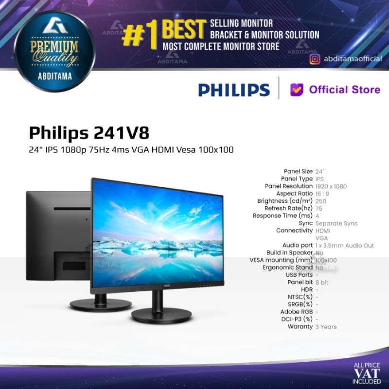 Jual Monitor LED Philips 241V8 24 IPS 1080p 75Hz 4ms VGA HDMI Vesa ...