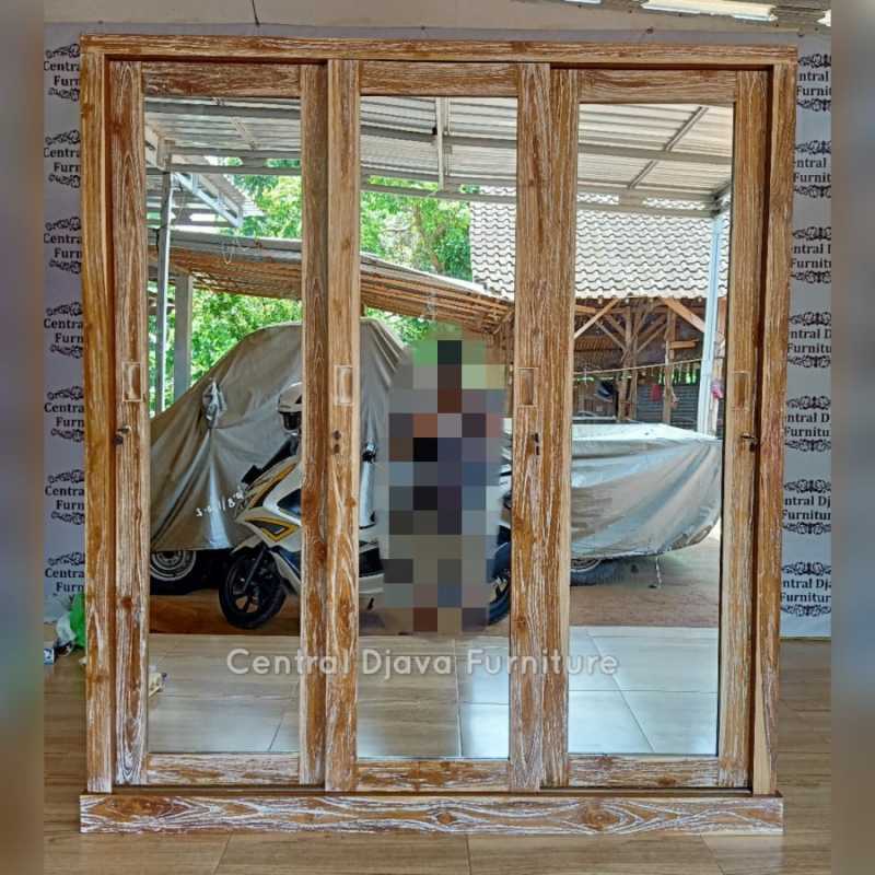 Promo Lemari Pakaian White Wash Rustic Sliding 3 Pintu Kayu Jati Almari ...