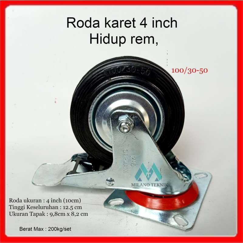 Jual Roda Troli 4 inch Hidup Rem RHJ Roda Karet Etalase gerobak di ...