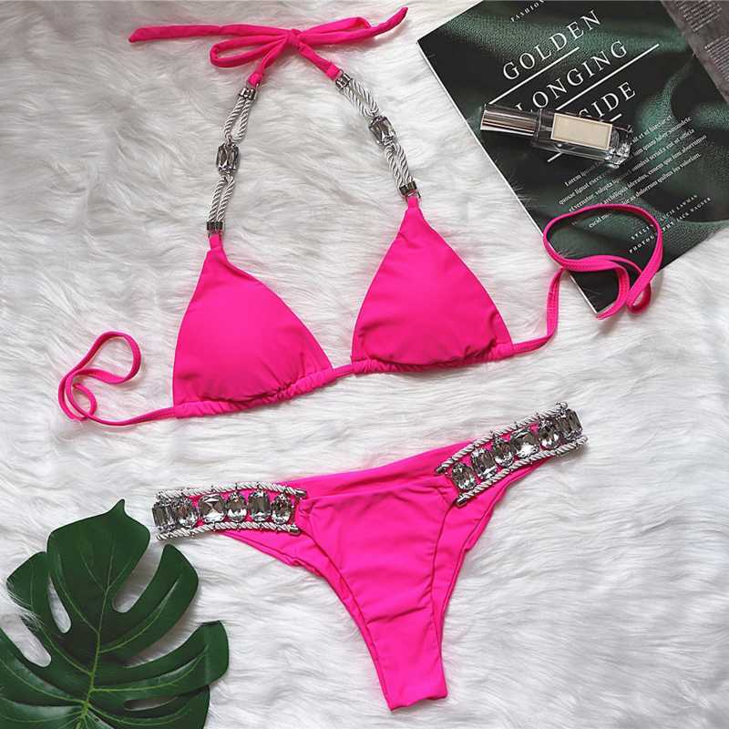 Jual Women Rhinestone Swimsuit Bra Thong Bikini Set Bathing Suit ...