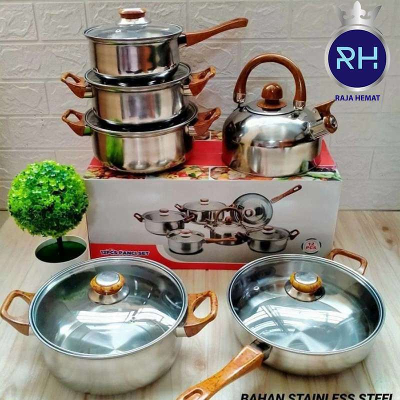 Jual Panci Set 12 Pc Motif Gagang Kayu / Cookware Set 12 Pcs (free ...