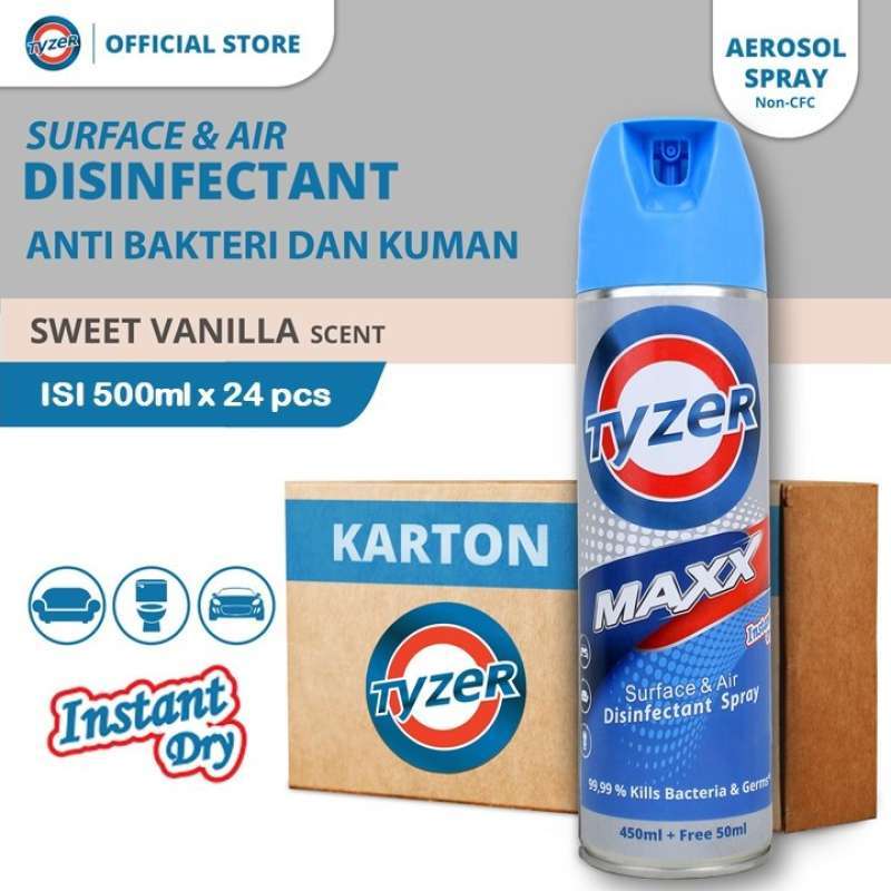 Jual Tyzer Maxx Disinfectant Spray 500ml ( 450ml + EXTRA ISI 50ml ) X ...