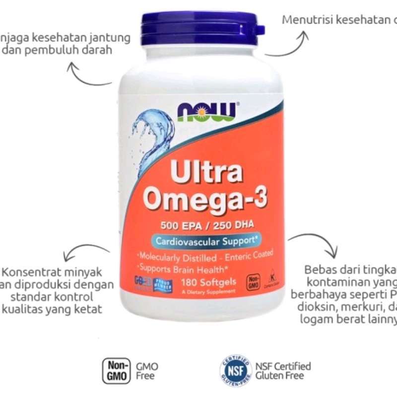 Jual Now Food Ultra Omega-3 500 EPA/250 DHA 180Fish Softgels Kesehatan Jantung ORI USA di Seller ...