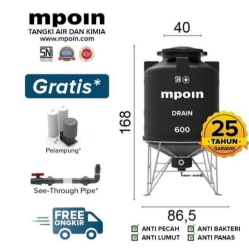 Promo Tangki Air Toren Tandon 600 L Drain Mpoin Plus Hitam Diskon 15% ...