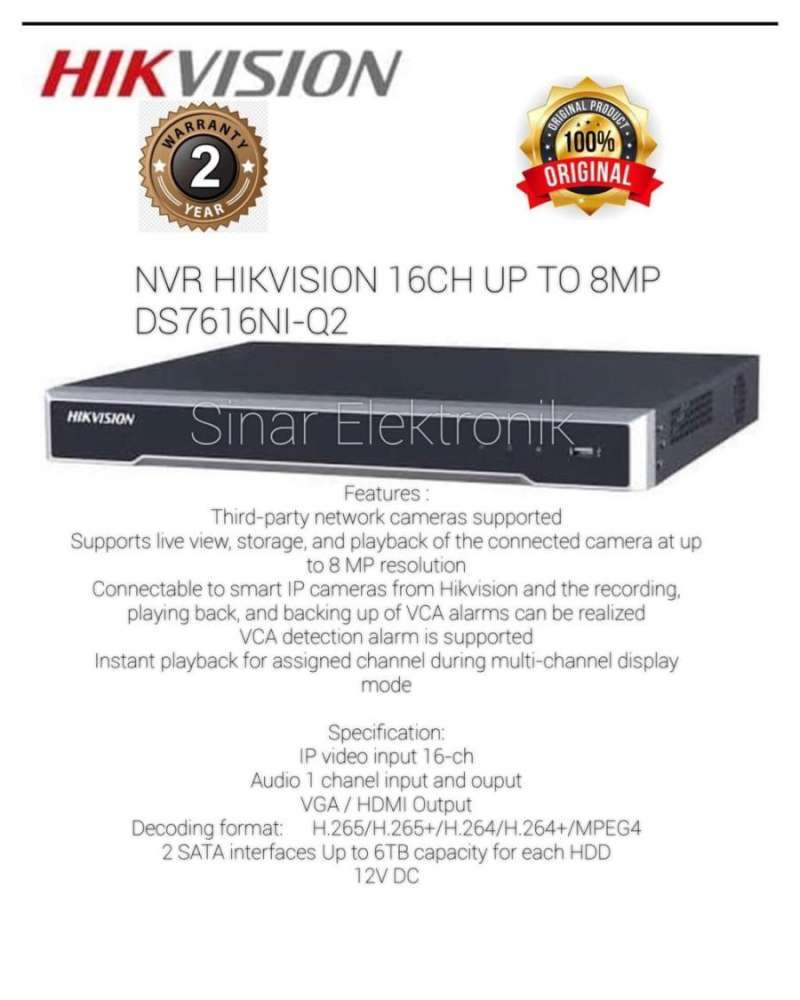 Jual NVR HIKVISION 16CH H265+ DS-7616NI-Q2 NON POE ORIGINAL GARANSI 2 ...