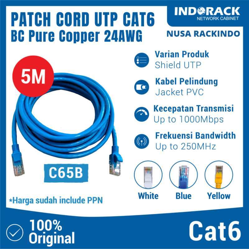 Jual C65b - Patch Cord 5 Meter Utp Cat 6 24awg Bc (pure Copper) Kabel ...