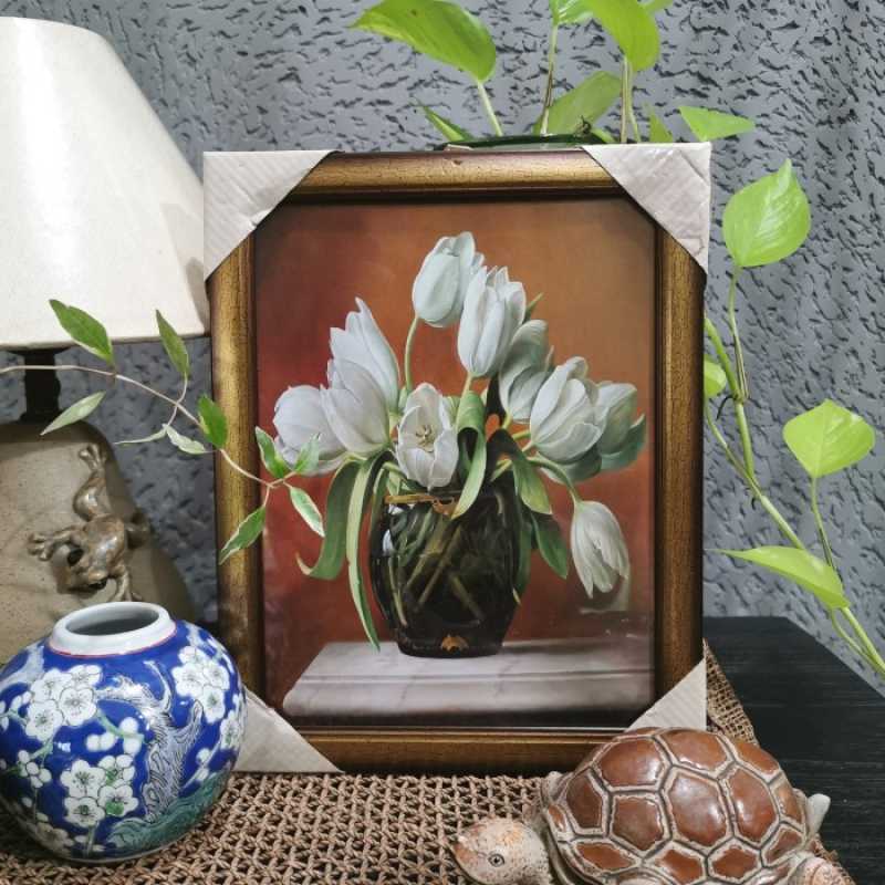 Promo Lukisan Dinding Bunga WHITE TULIP FLOWER Frame Kaca Siap Gantung ...