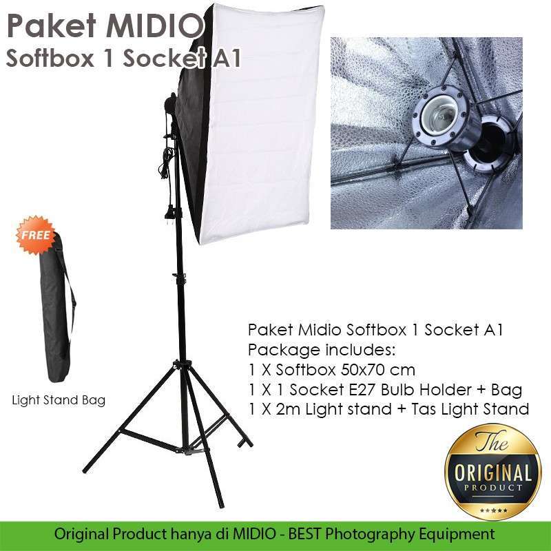 Jual Paket Studio Foto Midio A1 Light Stand 2M + 1 Socket E27 + Softbox ...